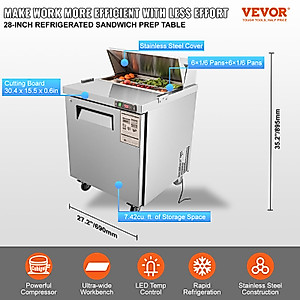 VEVOR Commercial 7.42 Cu. Ft Sandwich/Salad Table Stainless Steel Food Prep Station Fridge with 8 Pan, for Restaurant, Bar, Shop, 28" W Refrigerator Single Door, Silver