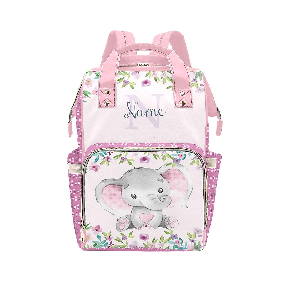 bliblisa Personalized Elephant Floral Pink Diaper Bag Backpack Tote with Name,customized Travel Nappy Mommy Bag Backpack