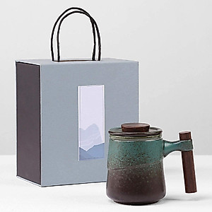 NCQIXIAO Tea Cup with Infuser and Lid, Retro Tea Mug Cups with Infuser, Wood Handle Ceramic Coffee Mug with Lid for Steeping Loose Leaf Tea 320ml/10.82OZ (Vintage Green)