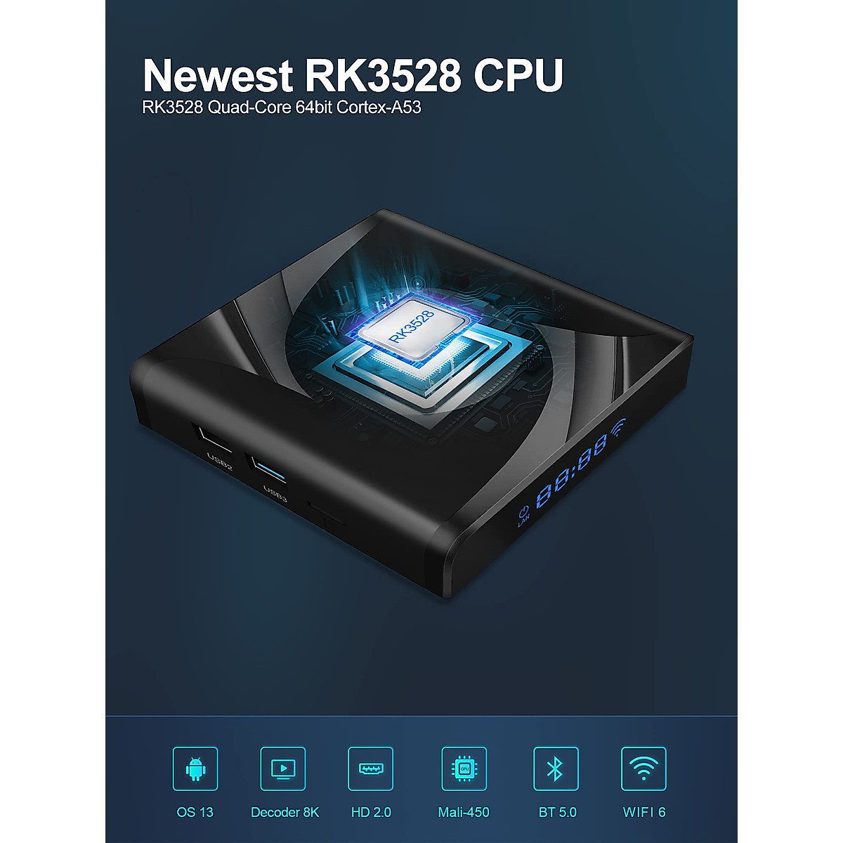 Android TV Box 13.0 4GB RAM 32GB ROM 8K TV Box RK3528 Chip Support WiFi6 BT5.0 USB3.0 Ethernet LAN 3D HDR10 HD Video Streaming Box