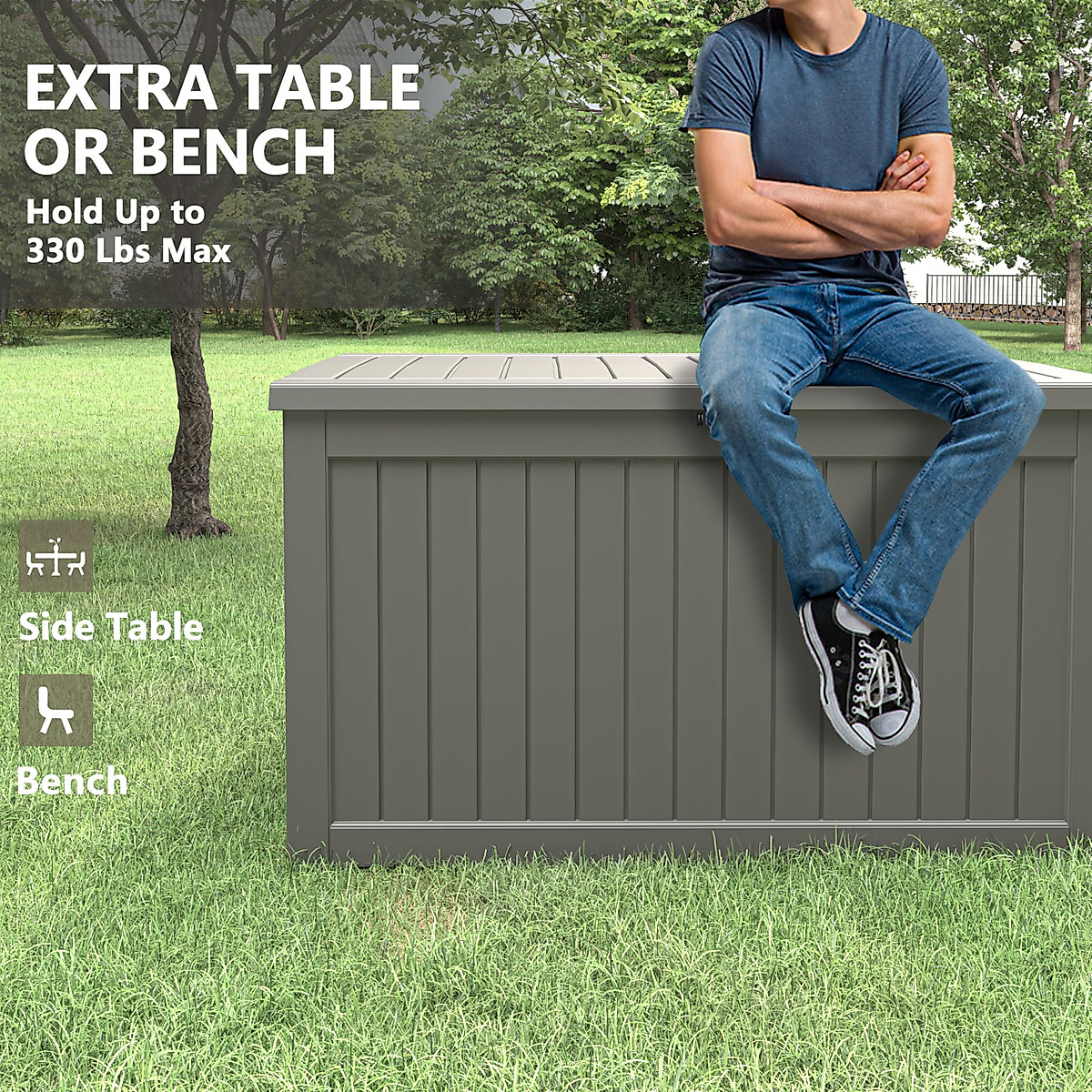 NUNU LAB 230 Gallon Outdoor Storage Box, Deck Box, Waterproof Resin Storage Bin for Patio Cushions for Patio Furniture Cushions, Garden Tools, Lockable, UV Resistant (Grey)