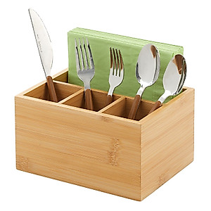 mDesign Bamboo Cutlery, Utensil, and Napkin Storage Organizer Bin for Kitchen, Pantry, Table and Countertop - Utensil Caddy Holds Forks, Knives, Spoons, Napkins - 4 Sections - Natural