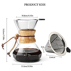 Lalord Pour Over Coffee Maker with Reusable Stainless Steel Filter, 20 oz Borosilicate Glass Coffee Carafe, Wooden Collar, Coffee Dripper Brewer, Hold 3 Cups, 600ml
