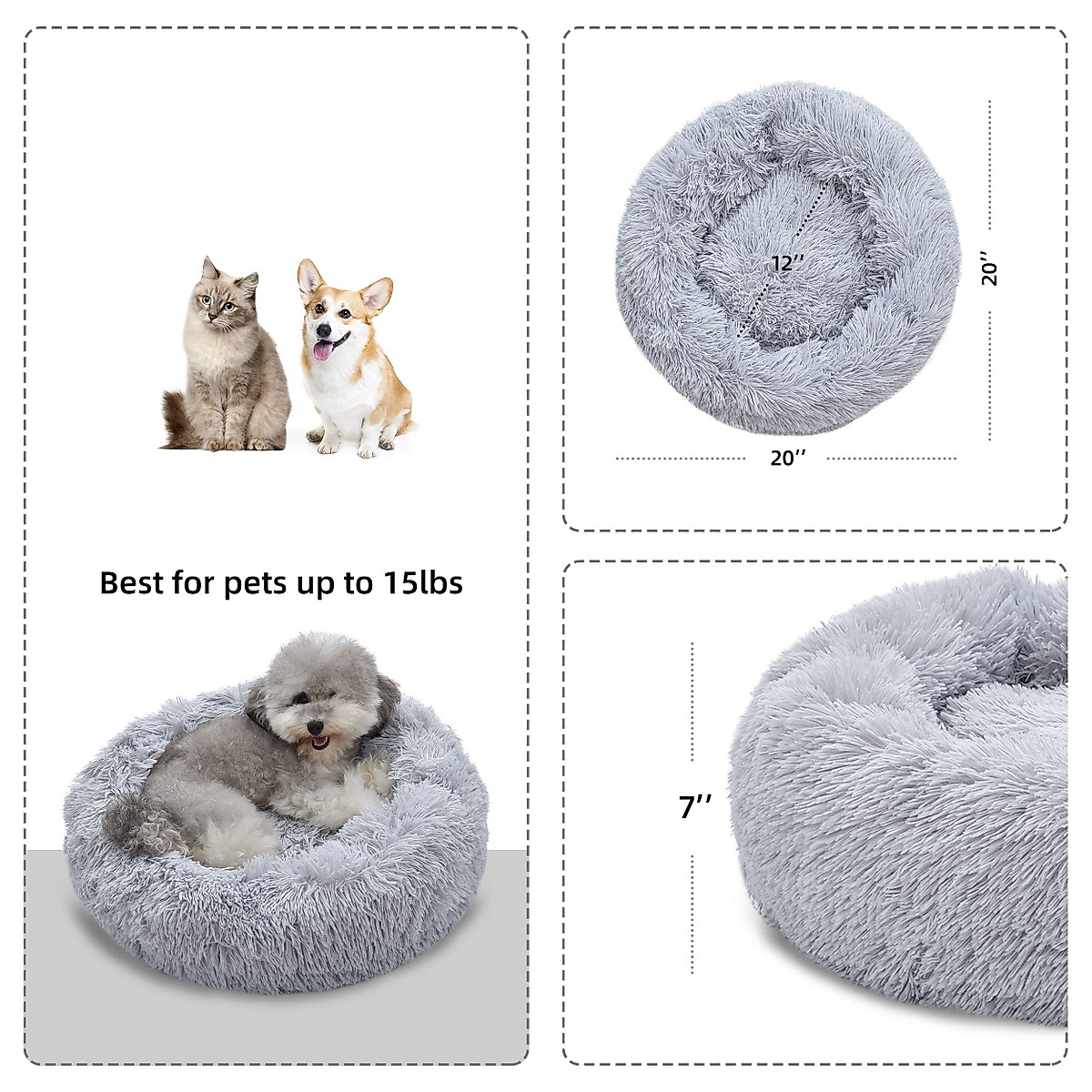 Aalklia Dog Bed Plush Anti-Anxiety Indoor Washable,Soft,Calming Sleep Cuddler with Anti-Slip Bottom,20",Grey