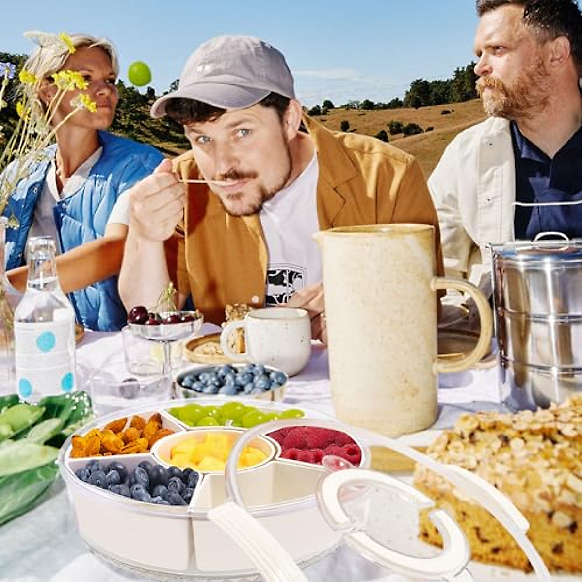 TAROSE Divided Serving Tray with Lid and Handle, 6.6L Large Capacity Snackle Box Container with Dividers, Portable Snack Boxs for Fruit Veggie Salad, Beach Essentials Ideal for Picnic