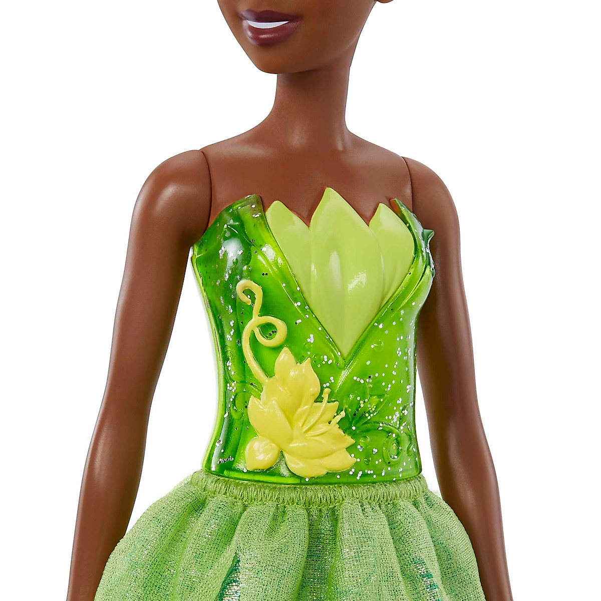 Mattel Disney Princess Toys, Tiana Fashion Doll, Sparkling Look with Brown Hair, Brown Eyes & Tiara Accessory, Inspired by The Princess & The Frog