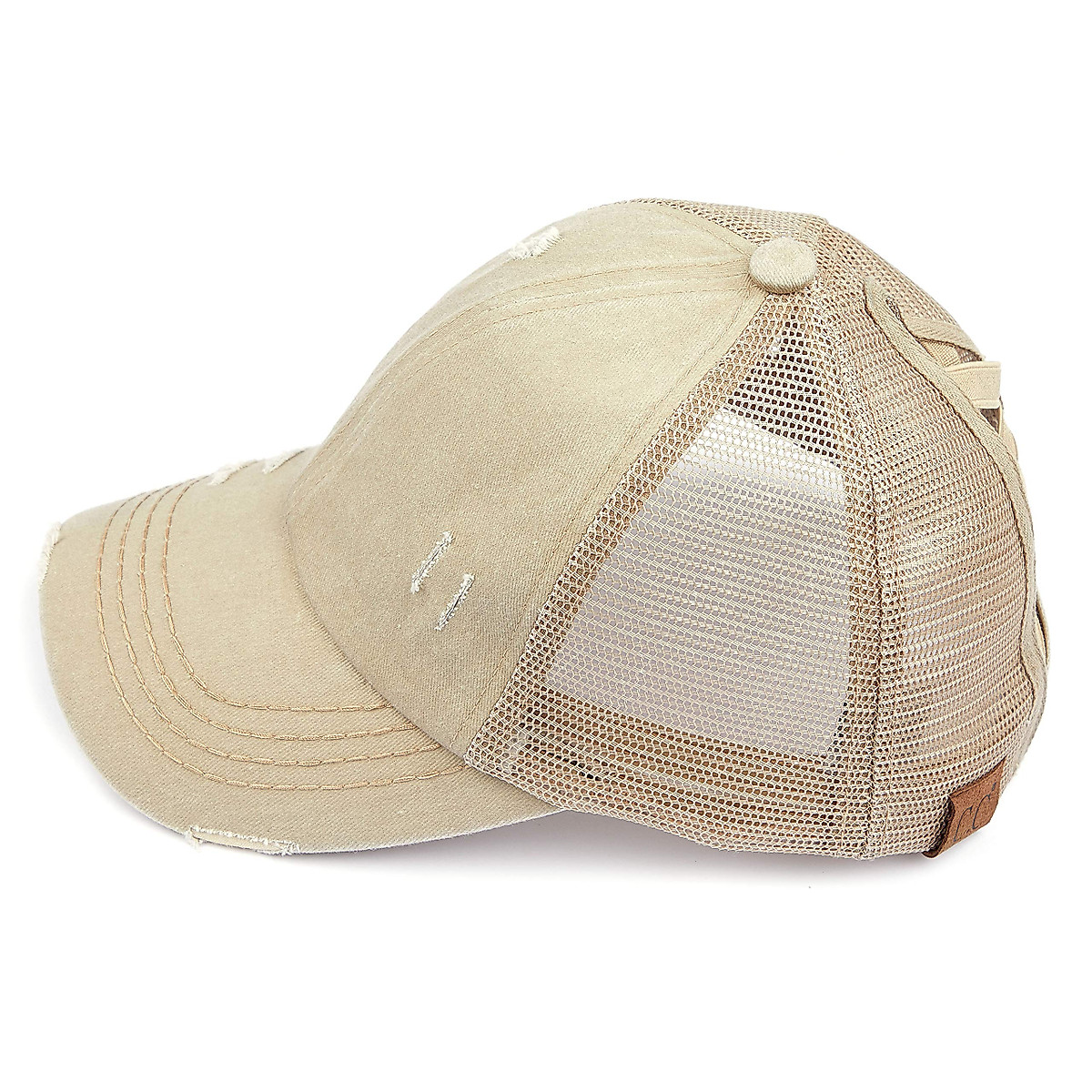 C.C Exclusives Washed Distressed Cotton Denim Criss-Cross Ponytail Hat Baseball Cap Bundle Hair Tie (BT-780)(BT-791) (A Elastic Band-Khaki)