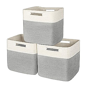 AELS Hand Woven Cotton Baskets for Storage, Cube Storage Bins with Handles, Foldable Collapsible Closet Organizers and Storage, Boho Farmhouse Storage Cubes for Shelves, Beige and Gray
