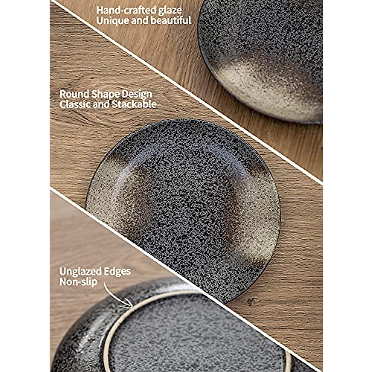 Kanwone Ceramic Dinner Plates - Set of 6, 10 Inch, Round Plates for Steak, Pasta, Salad, Pizza, Appetizer, Microwave, Oven and Dishwasher Safe, Black Glazed