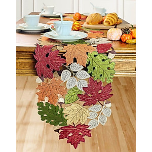 KEVA Fall Table Runner 72inches Long, Autumn Maple Leaves Table Runner 13x72 inch for Thanksgiving Kitchen and Table Decoration, Harvest Fall Farmhouse Rustic Embroidered Thanksgiving Table Runner