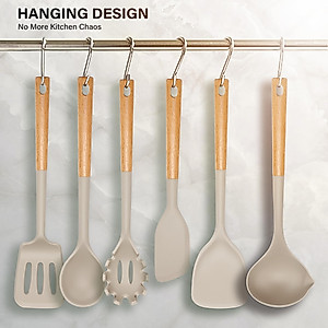 Hvygss Silicone Cooking Utensils Set, Heat Resistance Kitchen Utensils Set with Long Wooden Handle, BPA-free Large Silicone Spatula, Kitchen Tools for Non Stick Frying Pans and Pots, 6 Pcs（Khaki）