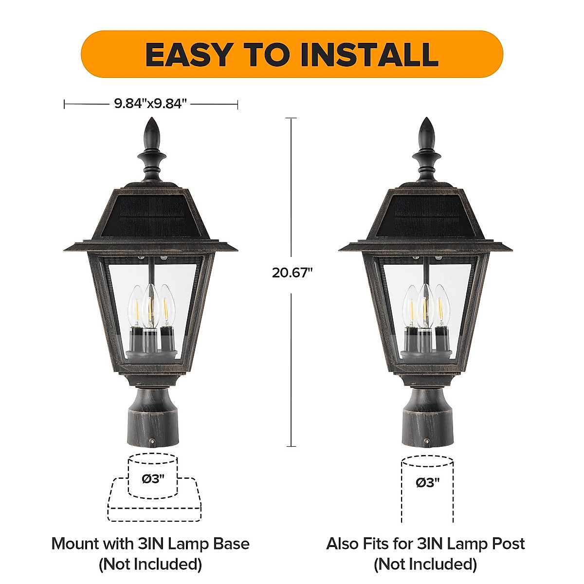 LUTEC Outdoor Solar Lamp Post Light, Dusk to Dawn 300LM Waterproof Pole Light Head with 4 Pcs Glass, Exterior Solar Powered Fence Post Light Fixtures for Garden, Patio, Yard(Brown)