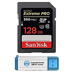 SanDisk Extreme Pro 128GB UHS-II SD Card Works with Canon EOS R6, EOS R5 Mirrorless Camera 300MB/s 4K Class 10 (SDSDXPK-128G-GN4IN) Bundle with 1 Everything But Stromboli 3.0 SDXC Memory Card Reader