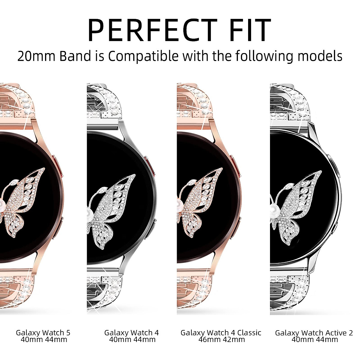 20mm Bling Band Compatible for Samsung Galaxy Watch 4/Watch 6/Watch 5 40mm 44mm, Galaxy Watch 4 Classic 42mm 46mm, Active 2, Watch 42mm, Watch 3 41mm, Women Adjustable Rhinestone Wristband Strap