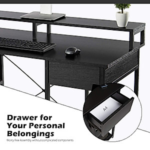 OUTFINE Desk Computer Desk Office Desk with Wodden Drawer, Monitor Stand and Storage Shelves