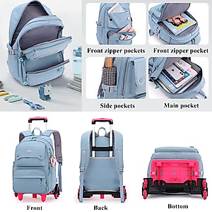 LANSHIYA Solid Color Girls Rolling Backpack with Wheels Schoolbag Elementary School Student Trolley Daypack