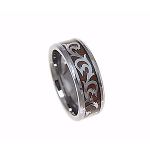 Arthur's Jewelry Genuine inlay Hawaiian koa wood shiny scroll band ring tungsten comfort fit 8mm size 9