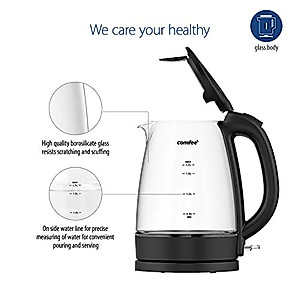 COMFEE' Glass Electric Tea Kettle & Hot Water Boiler(BPA-Free), 1.7L, Cordless with LED Indicator, 1500W Fast Boil, Auto Shut-Off and Boil-Dry Protection