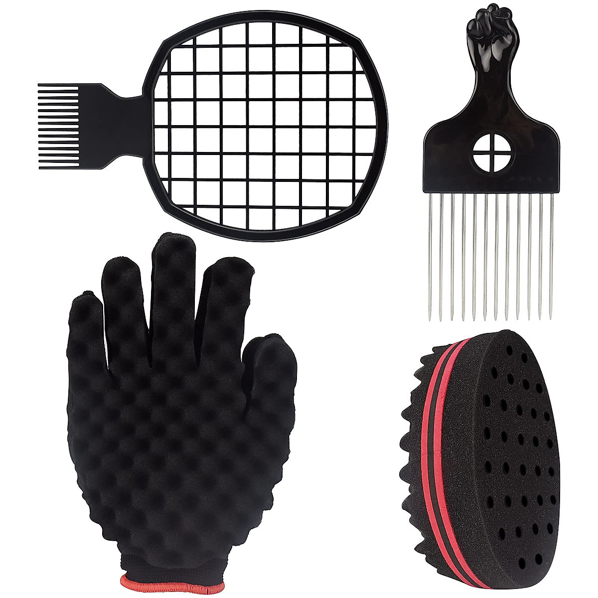 BIMIGET Hair Sponge Set (Black-A) - Magic Twist Curl Glove, Afro Brush, Metal Pick Comb for Styling