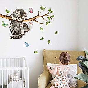 Yovkky Cat on Tree Branches Wall Decals Stickers, Kitty Animal Nursery Decor, Green Leaves Baby Kids Bedroom Home Decorations Art