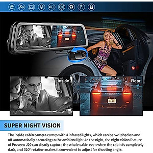 PRUVEEO 3 Channel Mirror Dash Cam, 1440P+1080P+1080P Front Inside and Rear, 12'' Full Touch Screen Rear View Mirror Camera, IR Night Vision(Sony Sensor), GPS, Parking Monitor, with 64GB Card