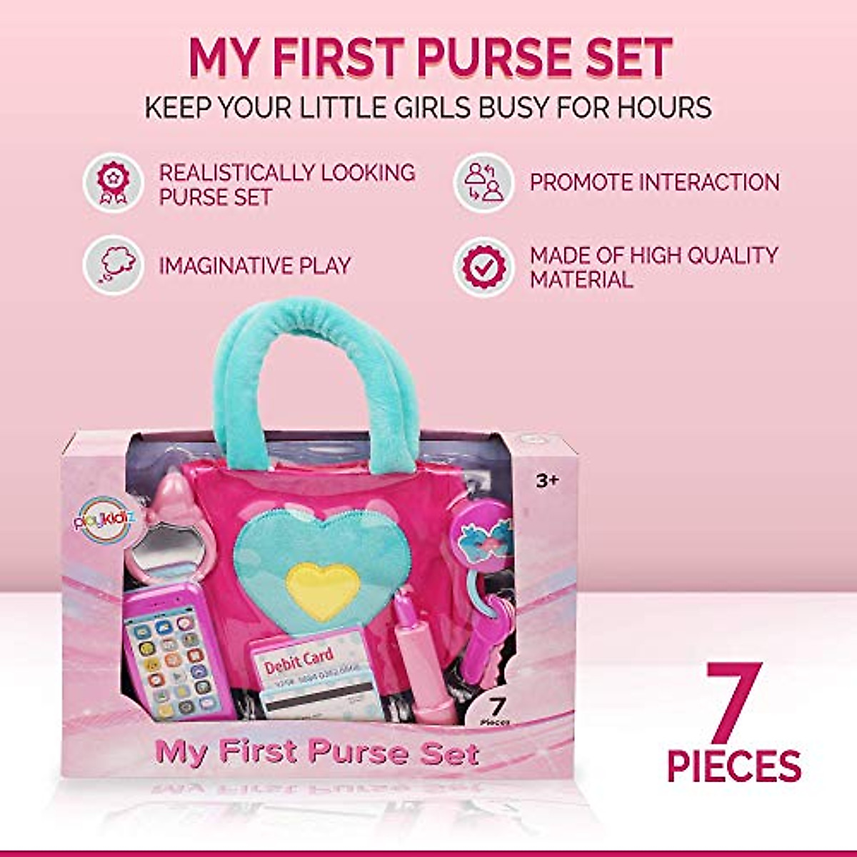 Playkidz Princess My First Purse Set - 7 Pieces Kids Play Purse and Accessories, Pretend Play Toy Set with Cool Girl Accessories, Includes Phone and Bag with Cards