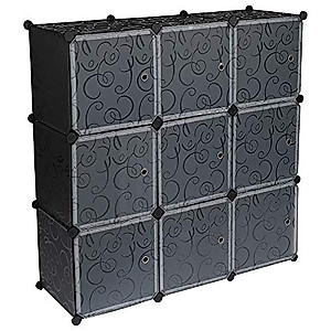 VINGLI Cube Storage, 9 Cube Organizer Shelves, Plastic Closet Cabinet, DIY Modular Storage Cube Organizer with Doors for Bedroom Living Room Office, Black