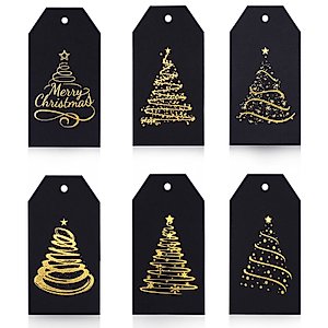 Whaline 120Pcs Christmas Paper Gift Tags Black Gold Xmas Tree Present Tags with 98Ft Twine Rope Christmas Tree Hanging Label Name Tags for Holiday Gift Party Favor Wrapping Decoration