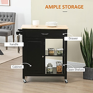 HOMCOM Kitchen Island Cart, Rolling Kitchen Island with Storage Shelf, Solid Wood Top, Drawer, for Dining Room, Black