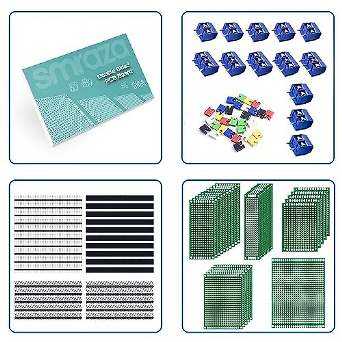 Smraza 104pcs Double Sided PCB Board Kit, Prototype Boards for DIY Soldering and Electronic Project Circuit Boards Compatible with Arduino Kits, 30PCS 40 Pin 2.54mm Male and Female Header Connector