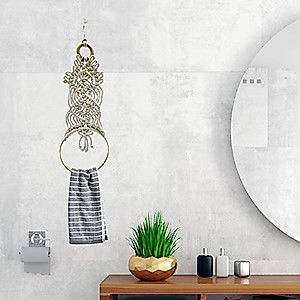 GLORD Eco-Conscious Boho Macrame Towel Holder - Decorative Hanging Storage for Kitchen, Bedroom, Bathroom, Living Room - Bohemian-Style Aesthetic Decor - 6-Inch Gold-Colored Loop & Wood Hanger Ring