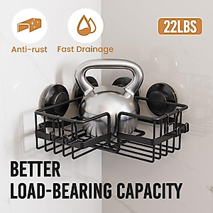 LEVERLOC Angle-adaptive Suction Cup Shower Caddy with Hooks, Heavy Duty Stainless Steel Shower Basket Organizer for Bathroom, Drill-Free Removable Rustproof Shower Rack, Black, 2 Pack