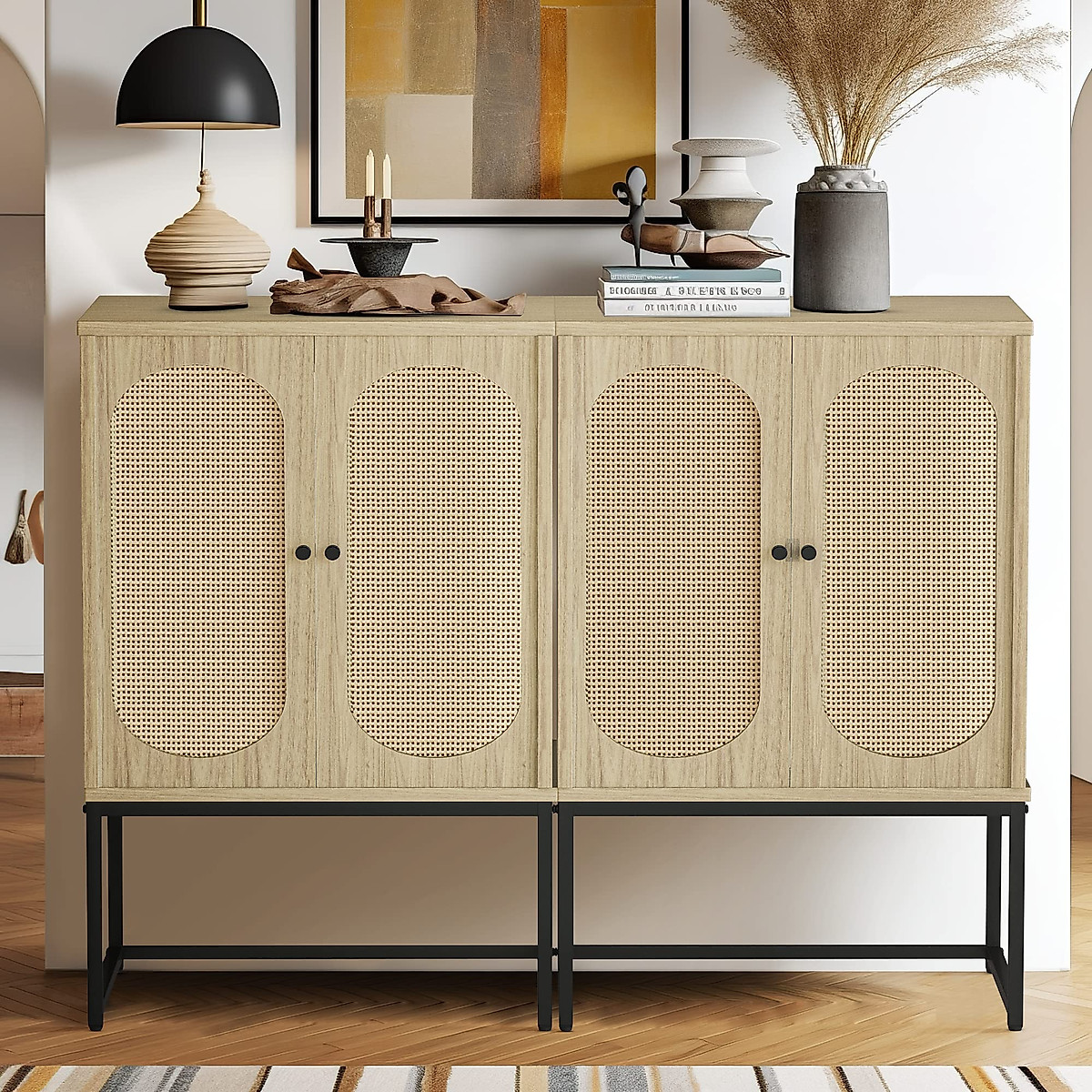 Lamerge Rattan Cabinet,2 Door Sideboard Buffet Cupboard Accent High Cabinet with Natural Rattan,Free Standing Bookmatch,Adjustable Shelves,Easy Assembly,Rustic Oak Beige (LRC-ob)
