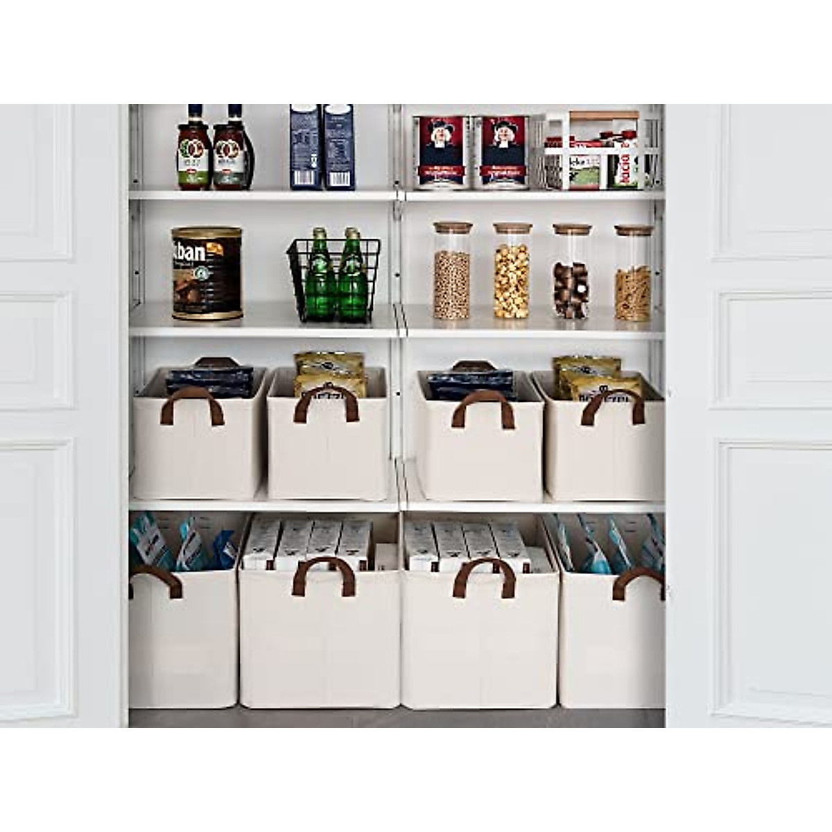 StorageWorks 45L Extra Large Fabric Storage Bins with PU Handles 2-pack, Closet Baskets, Canvas Baskets for Closet Shelves, Foldable Trapezoid Storage Bins 3-pack