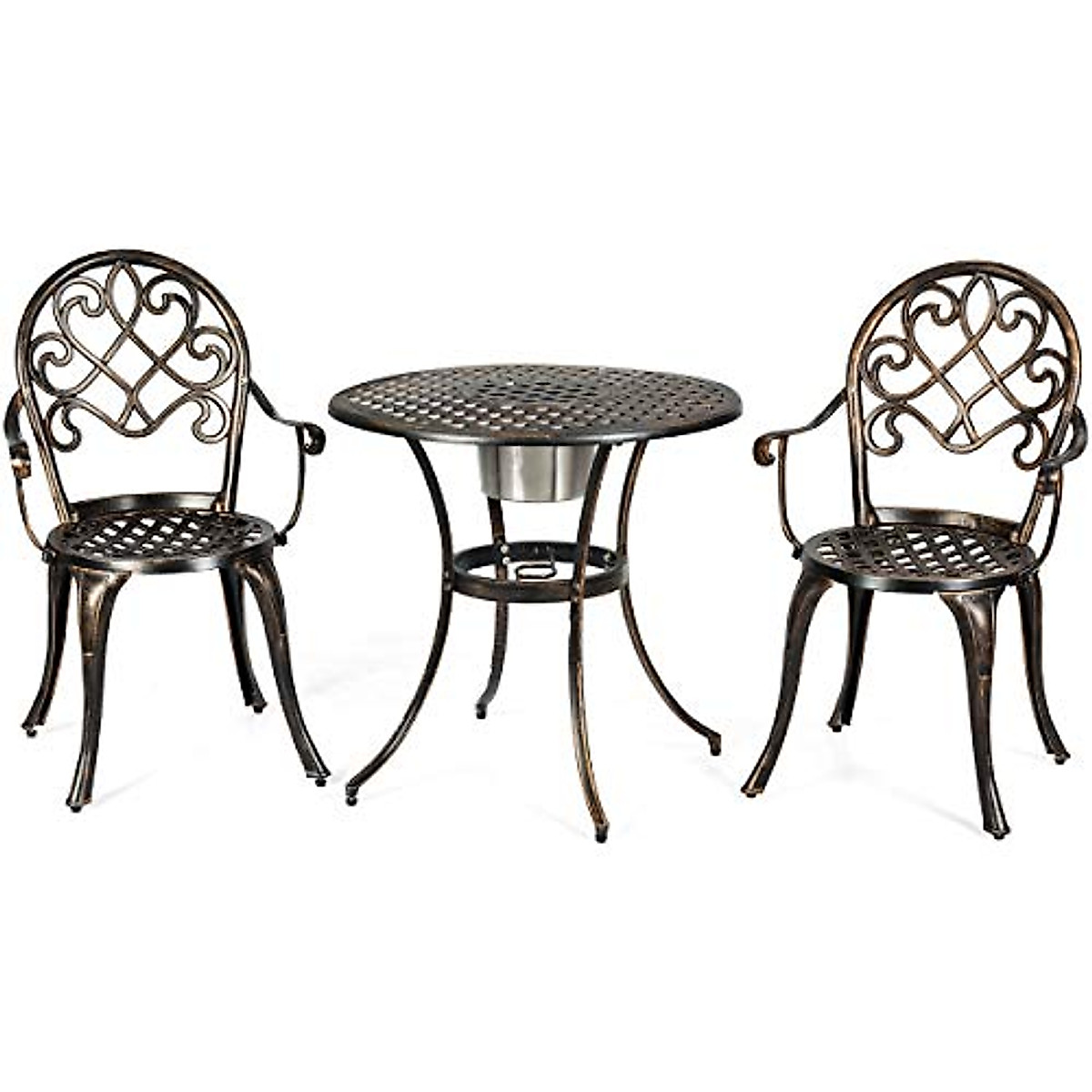 Giantex 3pcs Bistro Table Set Cast Aluminum Outdoor Patio Furniture Set Round Table W/Removable Ice Bucket, 2 Chairs Antique Garden Furniture Weather Resistant (Antique Bronze)