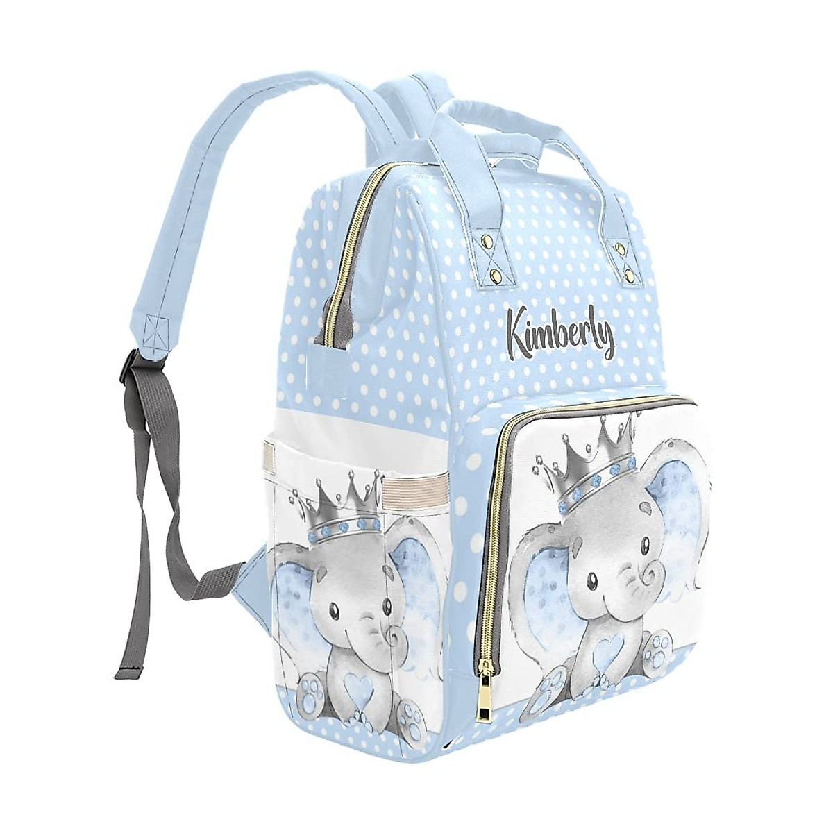 Liveweike Prince Elephant Dot Personalized Diaper Bag Backpack Custom Name Daypack Large Mommy Bag for Teen Girl Boy Student