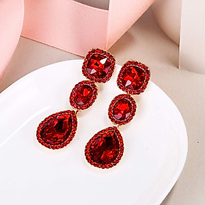EVER FAITH Women's Crystal Gorgeous Party Square Oval Teardrop Dangle Earrings Red Gold-Tone