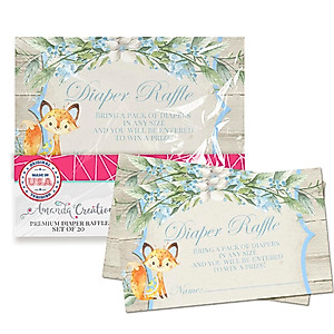 Watercolor Floral Woodland Fox-Themed Diaper Raffle Tickets for Boy Baby Showers, 20 2" X 3” Double Sided Insert Cards for Games by AmandaCreation, Bring a Pack of Diapers to Win Favors & Prizes!
