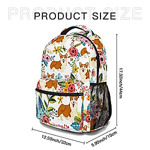 Cute Welsh Corgi Dog Backpack - Funny Puppy Backpacks for Kids Lovely Dogs with Spring Flowers Design Bookbag Travel Laptop Daypack School Book Bag for Girls Boys Teens