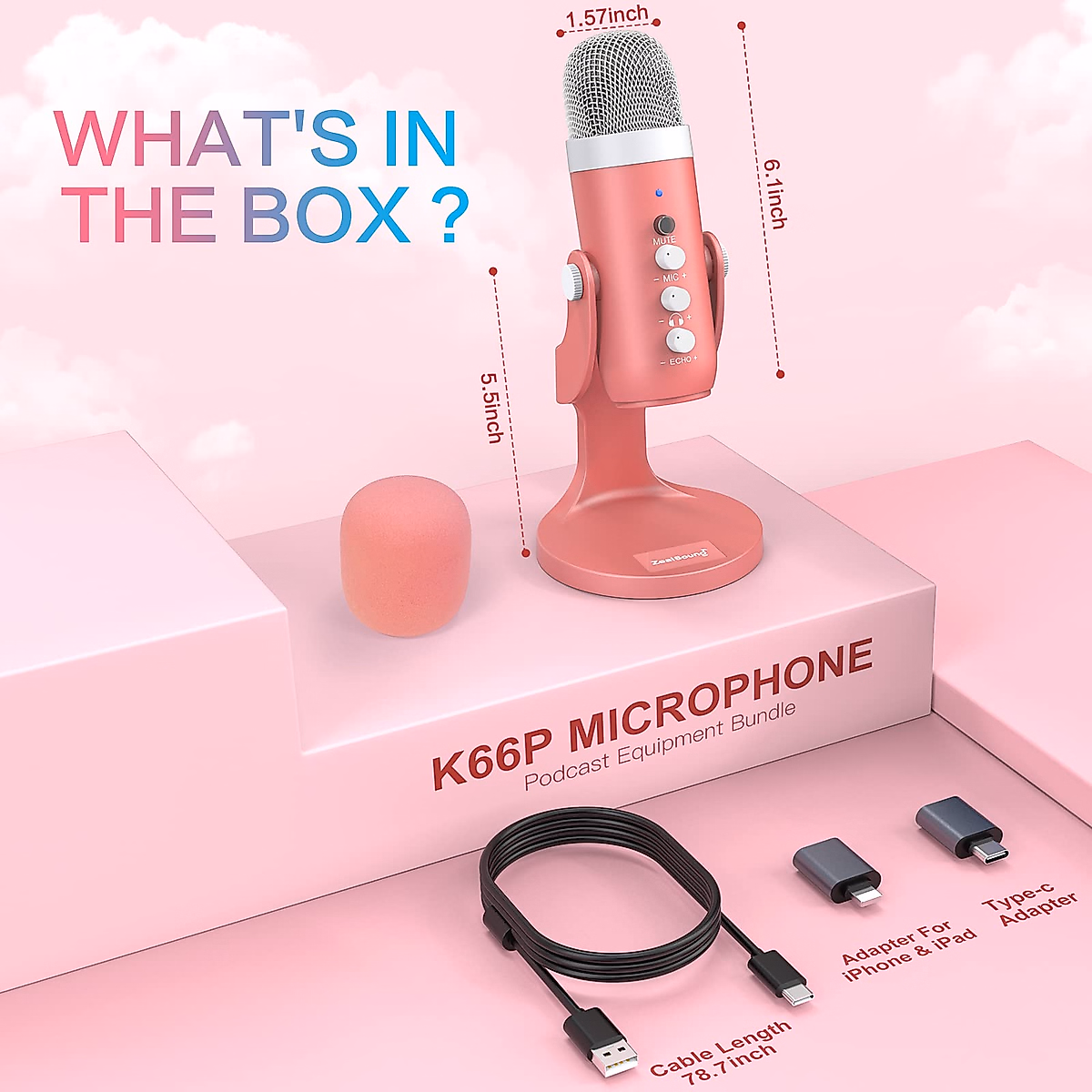 ZealSound USB Condenser Microphone k66p Pink and Wireless Lavalier Microphone v7 pro