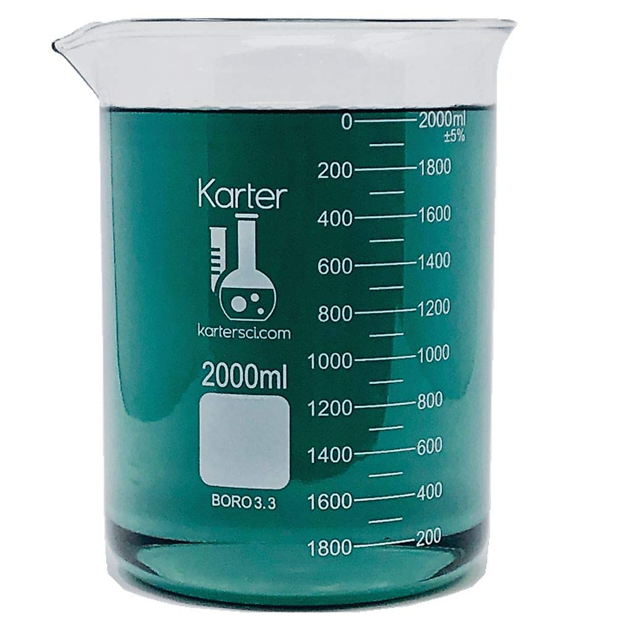 2000ml Beaker, Low Form Griffin, Borosilicate 3.3 Glass, Double Scale, Graduated, Karter Scientific 213D20 (Single)