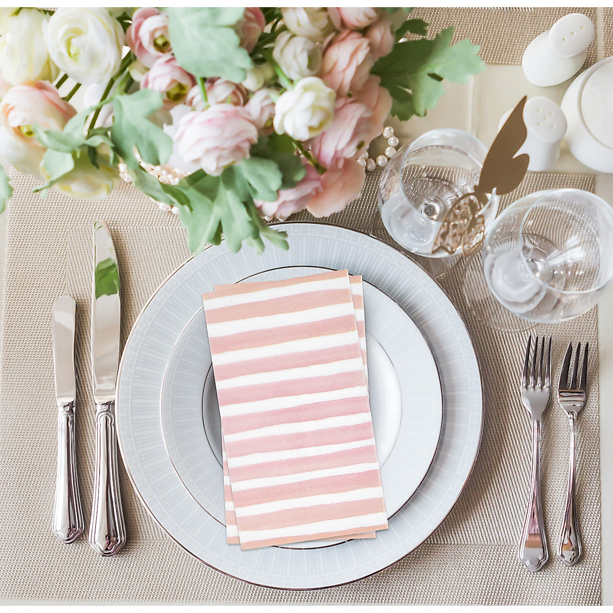 Gift Boutique 100 Pink & White Stripe Guest Napkins 3 Ply Disposable Paper Pack Striped Dinner Hand Napkin for Bathroom Powder Room Holiday Wedding Bridal & Baby Shower Decorative Towels