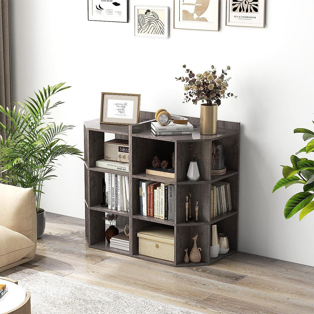 Byroce 9 Cube Corner Cabinet, 3-Tier Wooden Cube Storage Organizer Bookshelf with Charging Station, 2 USB Ports & 4 Outlets, 90 Degree Cubby Corner Shelf for Living Room, Bedroom & Playroom (Gray)