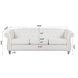 84" Chesterfield Sofa, Mid-Century Modern Velvet Upholstered Sofa, Deep Button Tufted Living Room Sofa with Roll Arms and Nailhead for Living Room, Bedroom, Office, Apartment (White)