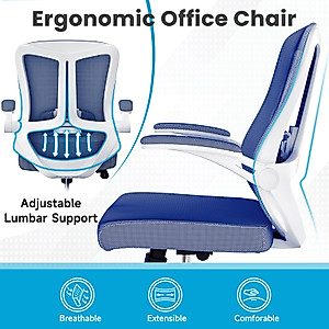 SICHY AGE Home Office Desk Chairs, Ergonomic Office Chair with Lumbar Support and Flip-Up Armrests, Mesh Back Office Swivel Chairs with Thickened Cushion and Adjustable Headrest, Blue
