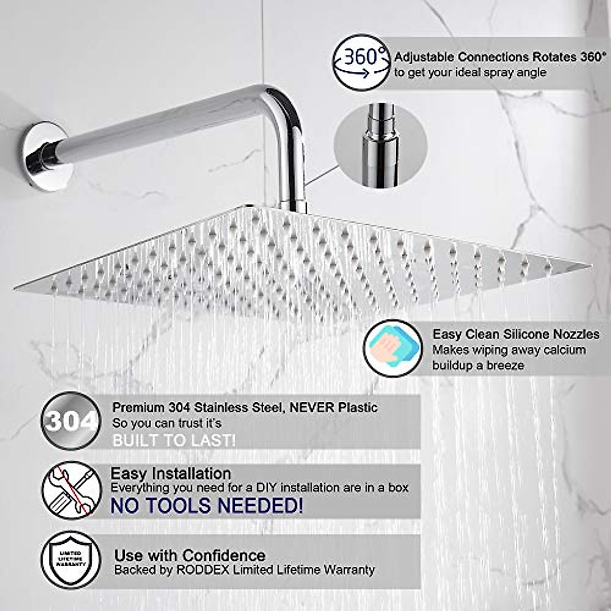 RODDEX Square Rain Shower Head, High Pressure Rainfall Showerhead, Large Fixed Stainless Steel Polished Chrome Shower Rain, 12 Inch Rainhead + 15 Inch Extension Arm