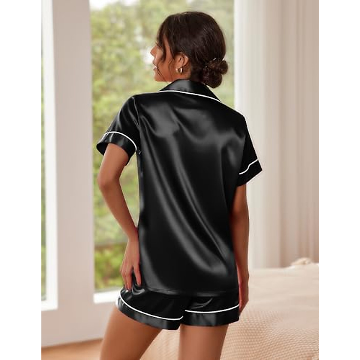 Ekouaer Satin Pajamas for Women Button Down Sleepwear Soft Silk Loungewear Short Sleeve Top and Shorts Pjs Black,Small