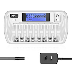 BONAI 8+1 Bay AA AAA Battery Charger with LCD Display for AA AAA NiMH NiCd & 9V Rechargeable Batteries Independent Control and Standard American AC Charging Plug