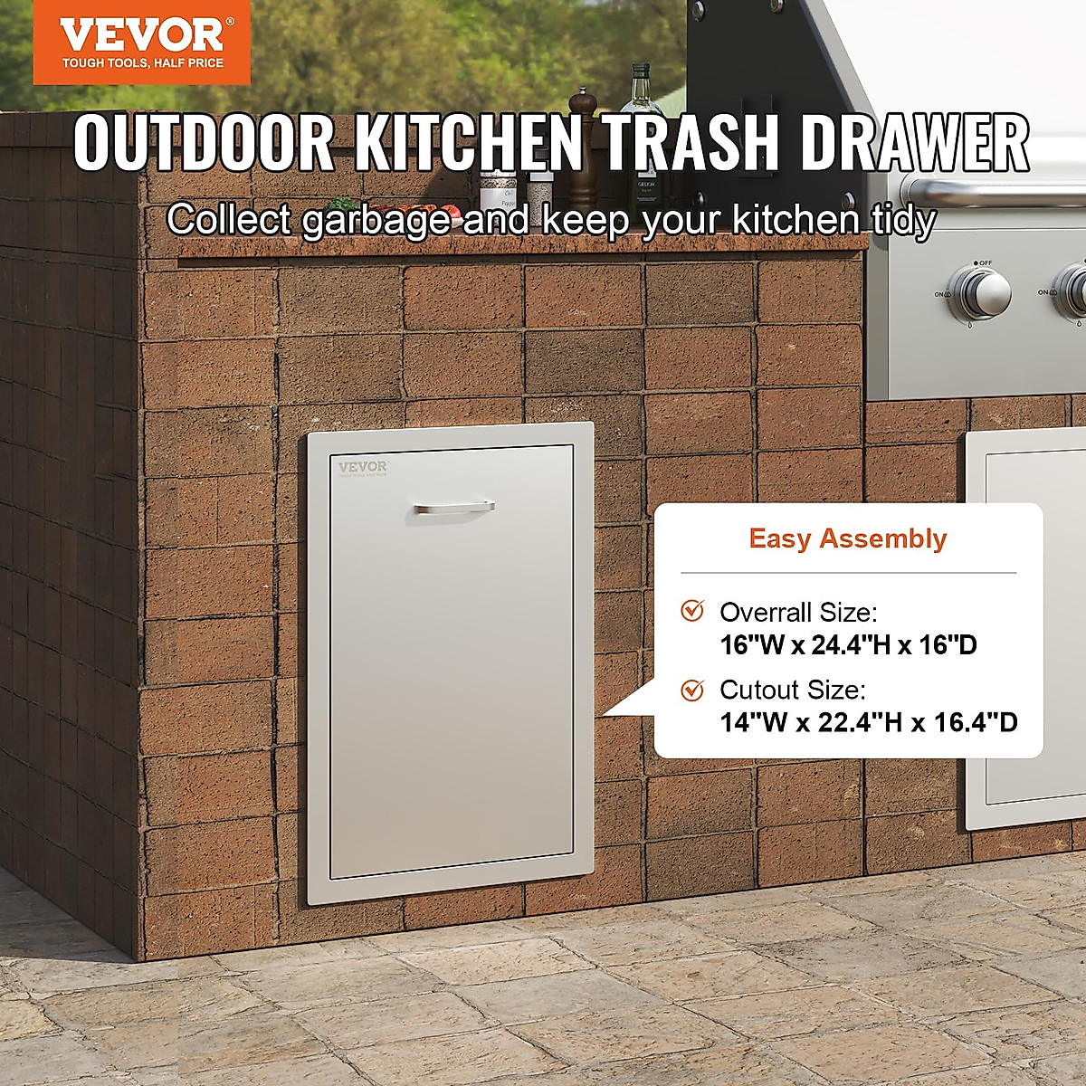 VEVOR Outdoor Kitchen Trash Drawer 16Wx22Hx16 D, Propane Tank Drawer, Stainless Steel Pull Out Trash Drawer with Handle, Outdoor Kitchen Cabinets Trash Can Pull Out, Outdoor BBQ Island Trash Bin