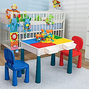 Sandinrayli 7-in-1 Kid Activity Table Set w/2 Chairs & 72Pcs Large Size Blocks, Compatible with Classic Blocks, Water/Sand Table, Building Block Table for Toddler (Primary)